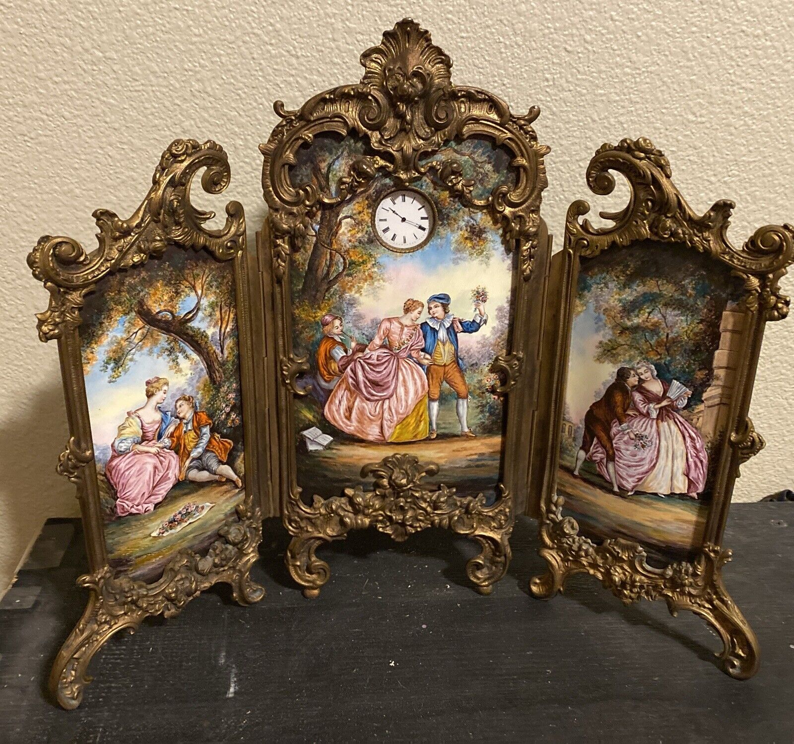 Antique Doll Austrian enamel gold dore bronze three panel Clock Screen ...