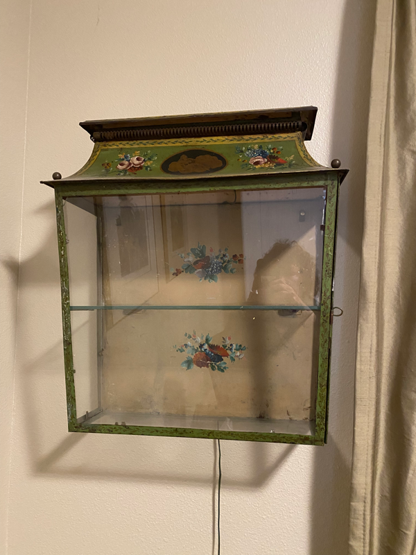 Antique Toile painted tin wall decorative lighted glass Display Cabinet ...
